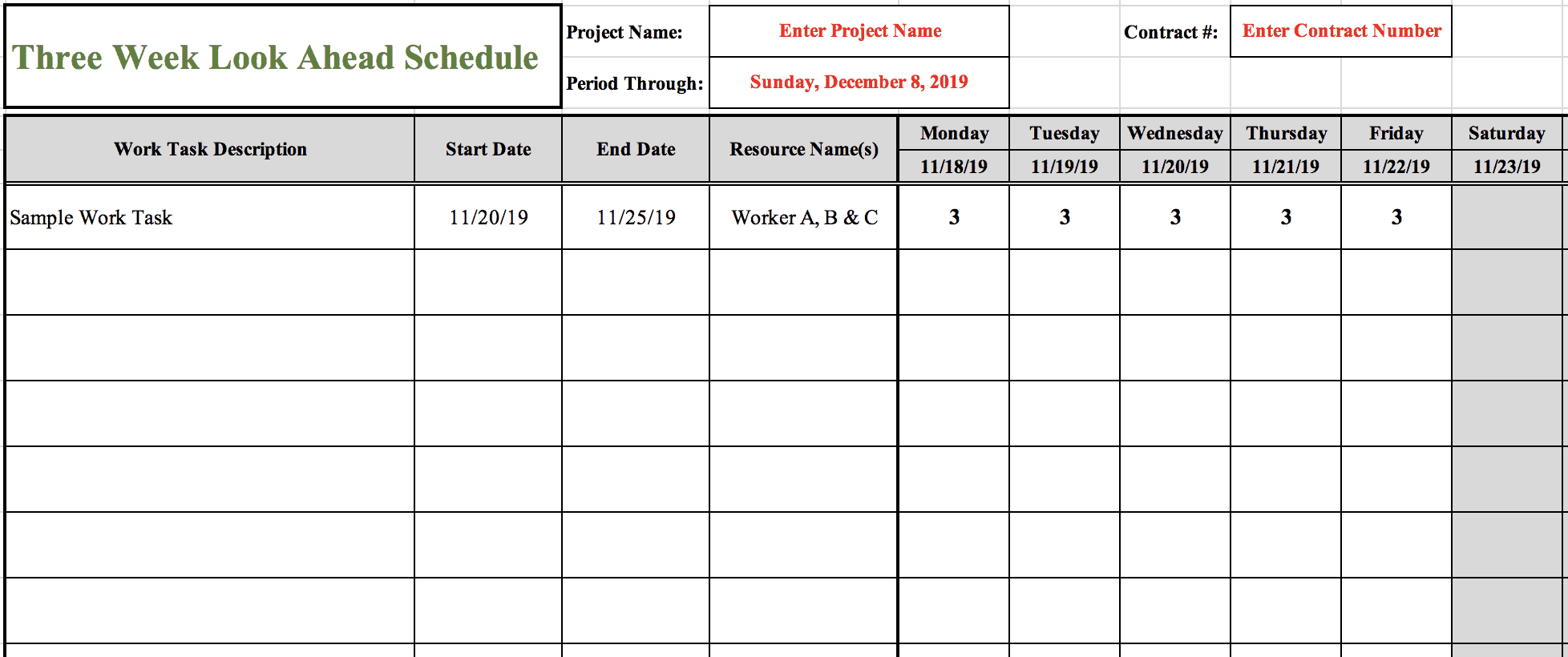 3 Week Look Ahead Schedule In Construction Free Excel Template